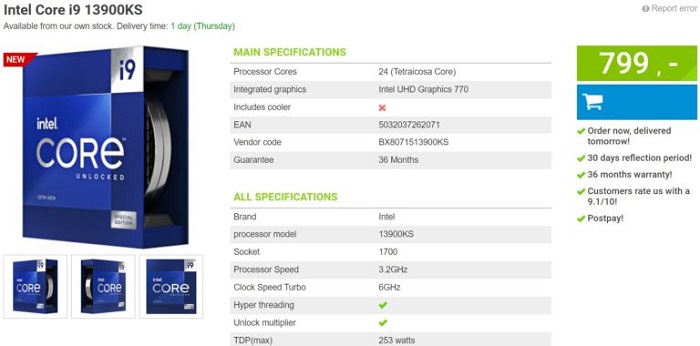 El Intel Core i9-13900KS aparece listado en Países Bajos por 799 euros El Intel Core i9-13900KS aparece listado en Países Bajos por 799 euros